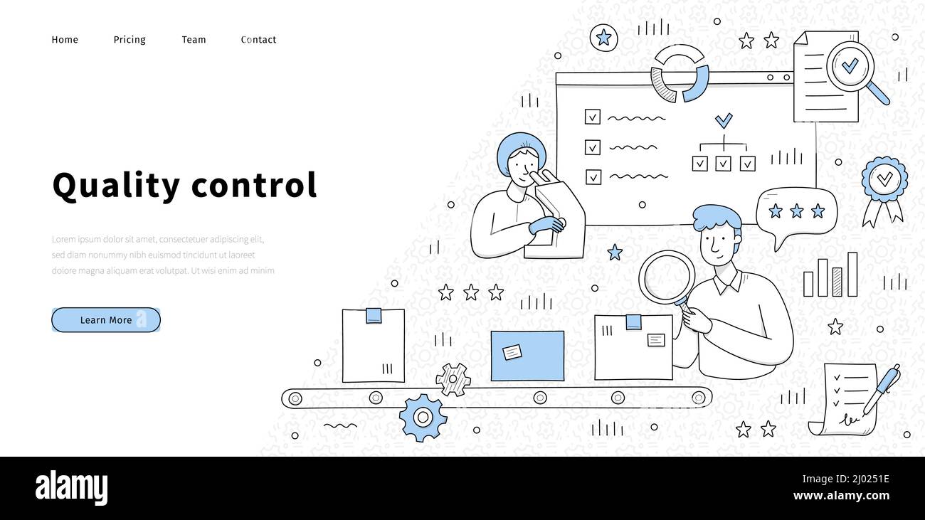 Quality control doodle landing page. Inspectors testing production on ...