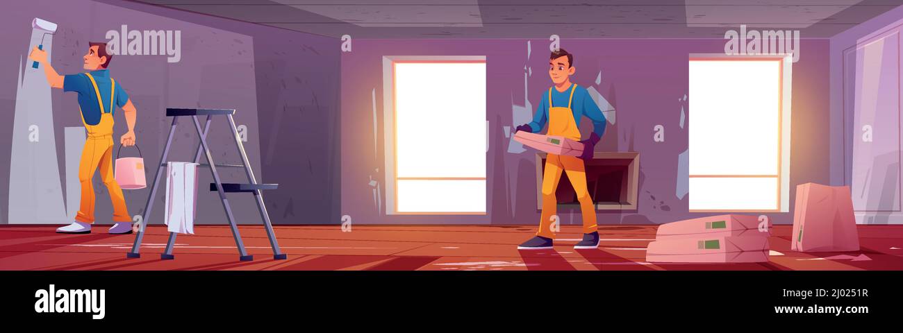 Living room renovation, repair works. Workers paint wall in house or ...