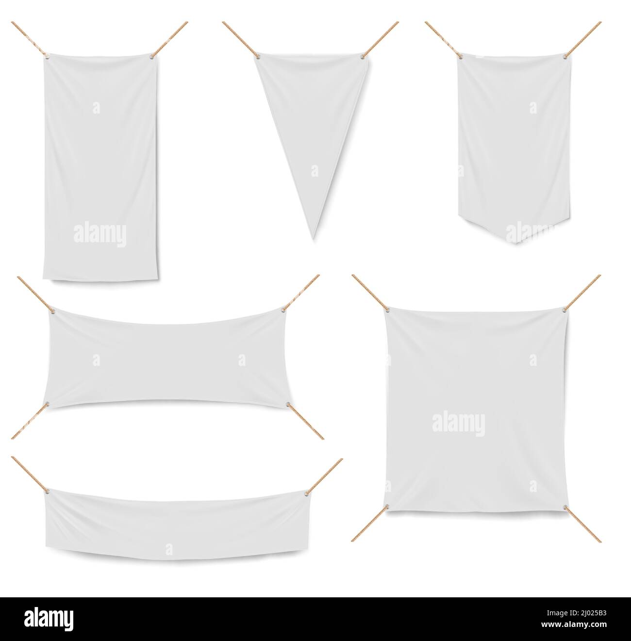 Vinyl banners 3d vector mockup, white fabric awnings stretched on flex ...