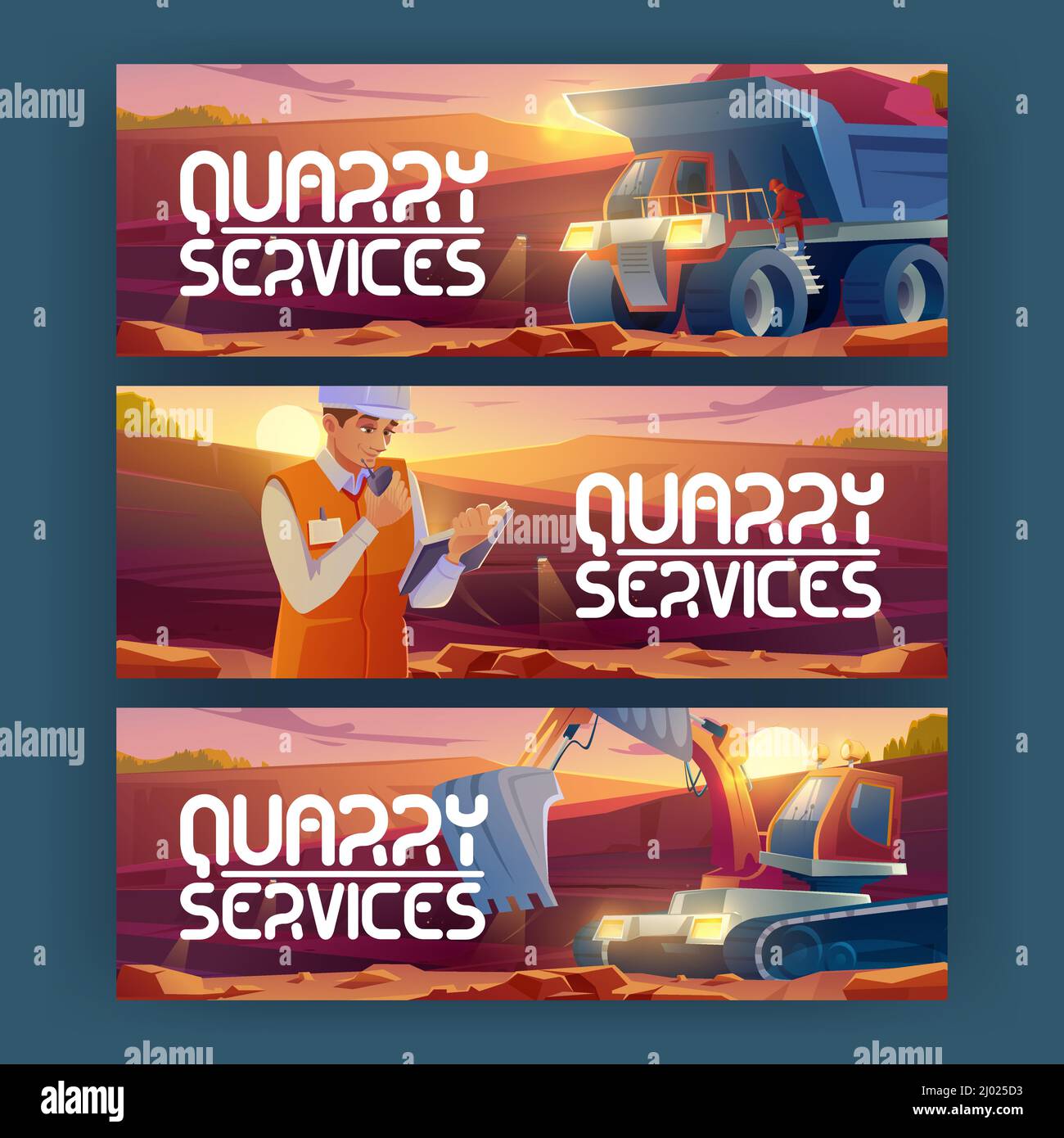 Quarry services banners with engineer in helmet and machines in ...
