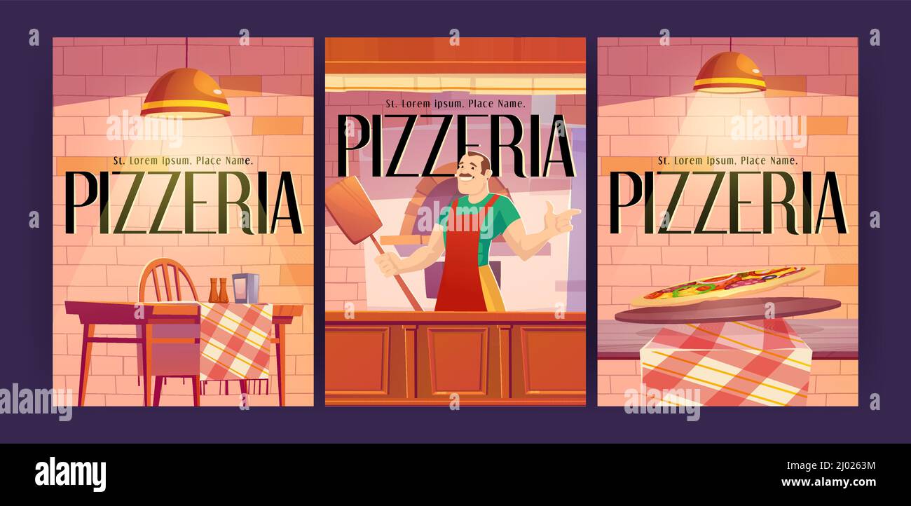 Pizzeria ads posters with man baker hold pizza shovel stand near oven ...