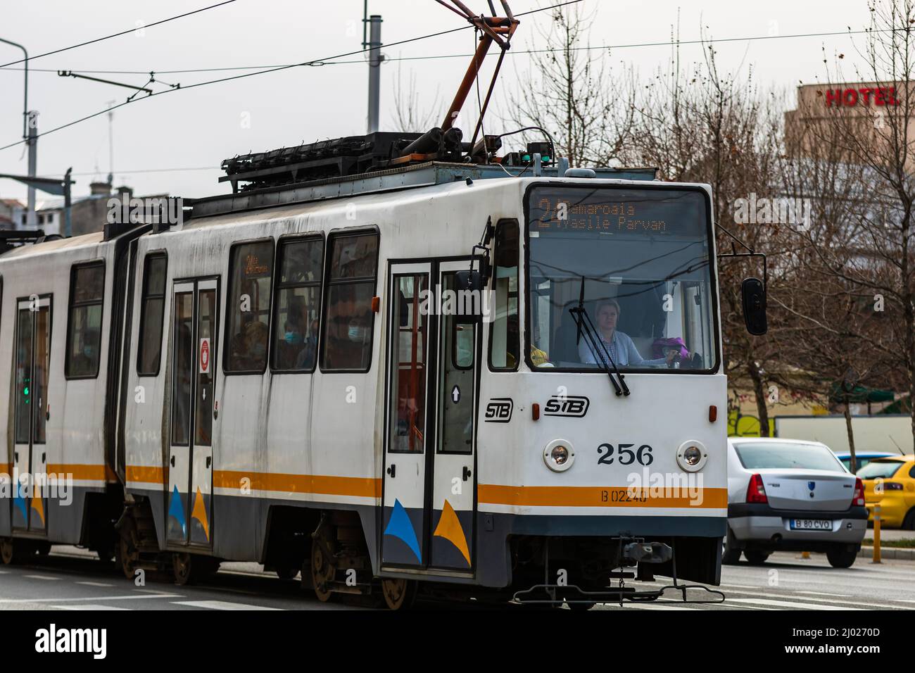 Tram in traffic on the streets of Bucharest, Romania, 2022 Stock Photo ...