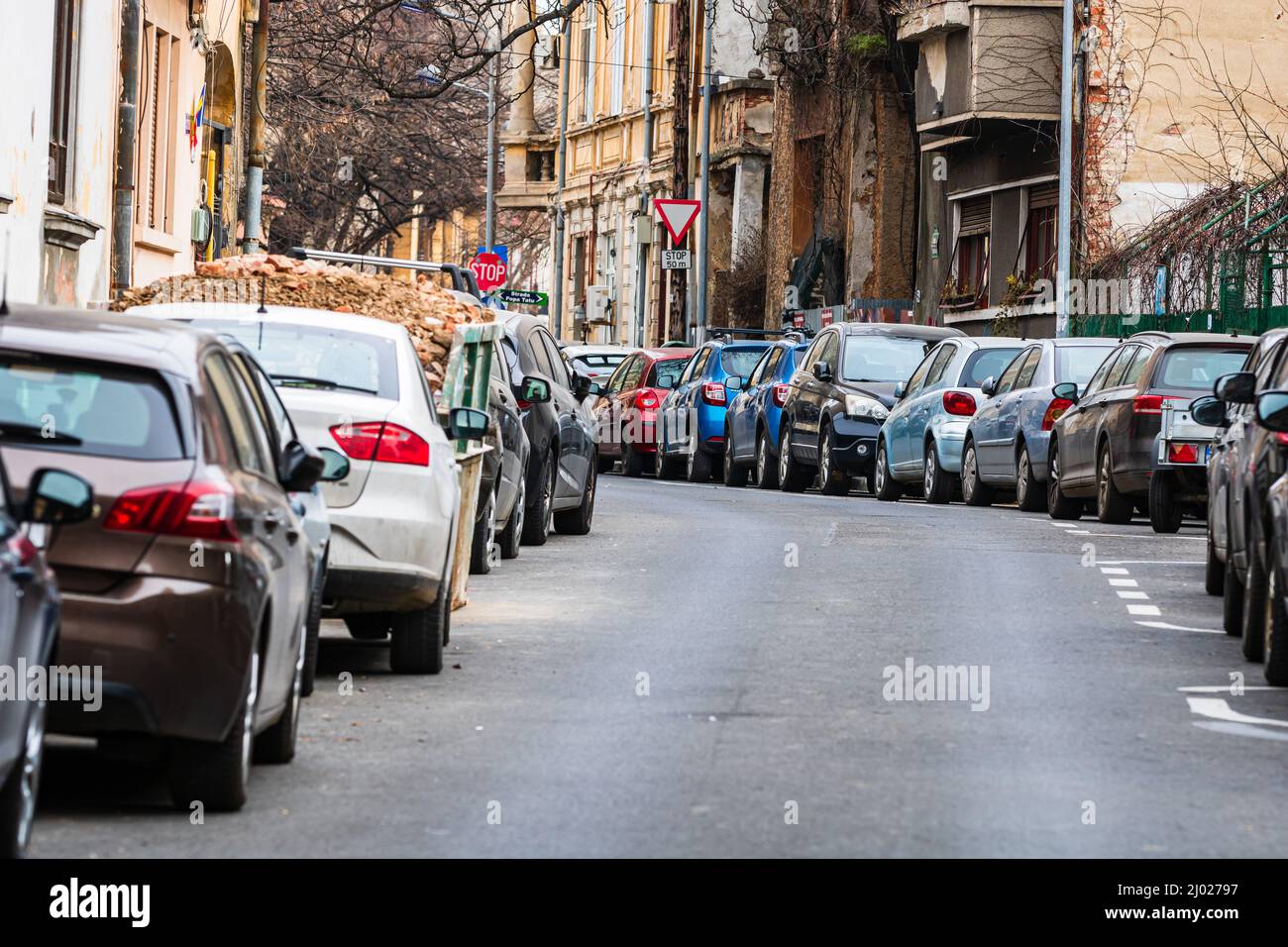 Car traffic at rush hour in downtown area of the city. Car pollution ...