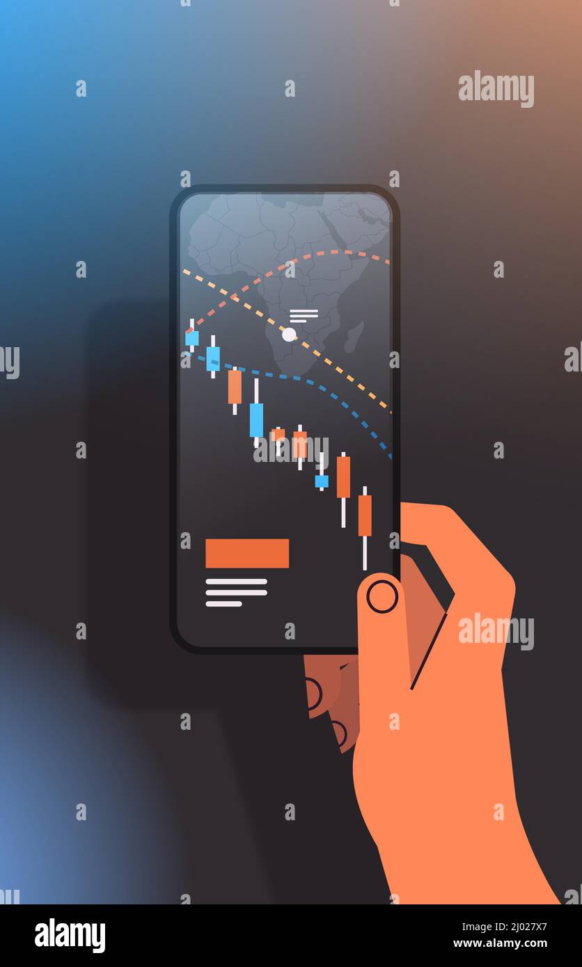 trader hand analyzing falling down stock market trading graph ...