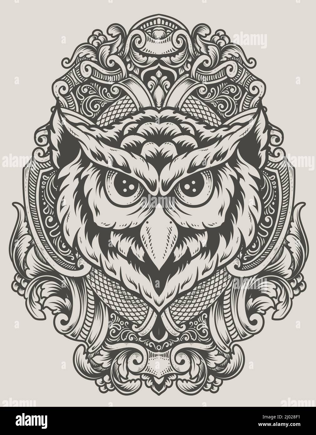 illustration owl head with engraving ornament Stock Vector Image & Art ...