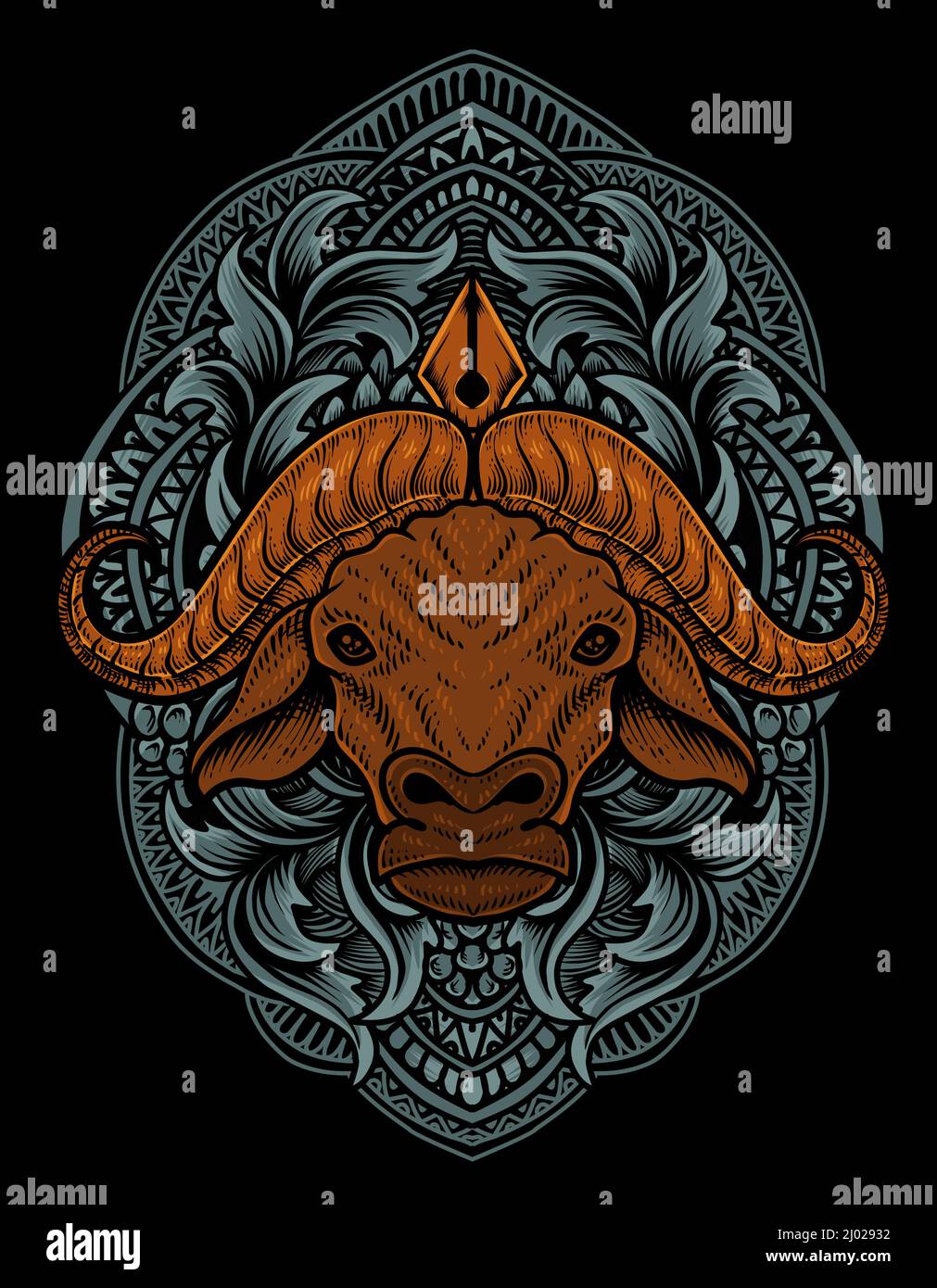 illustration buffalo head with engraving ornament Stock Vector Image ...