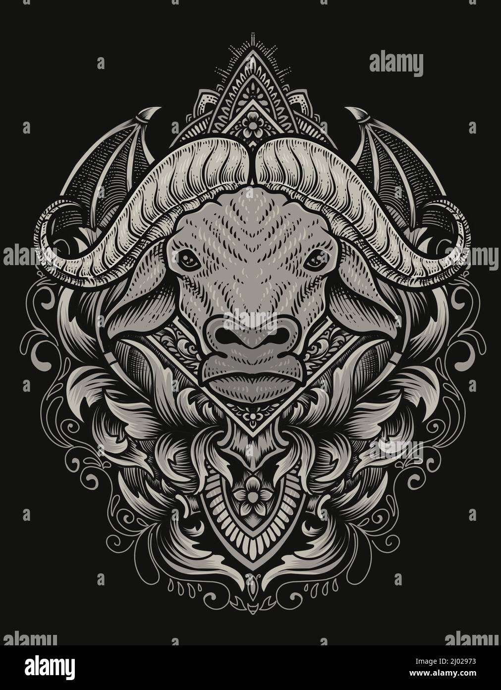 illustration buffalo head with engraving ornament Stock Vector Image ...