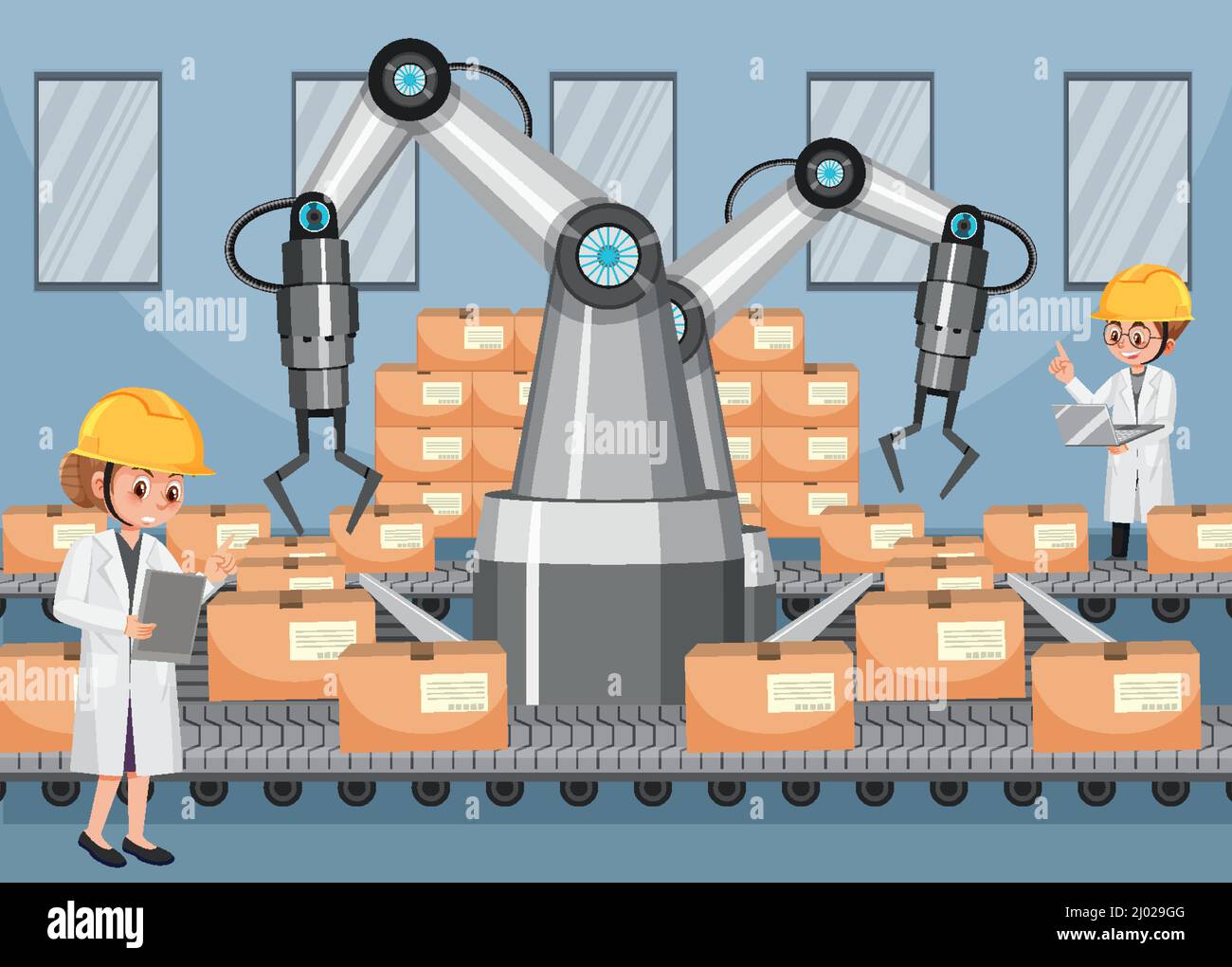 Automation industry concept with assembly line robots illustration ...