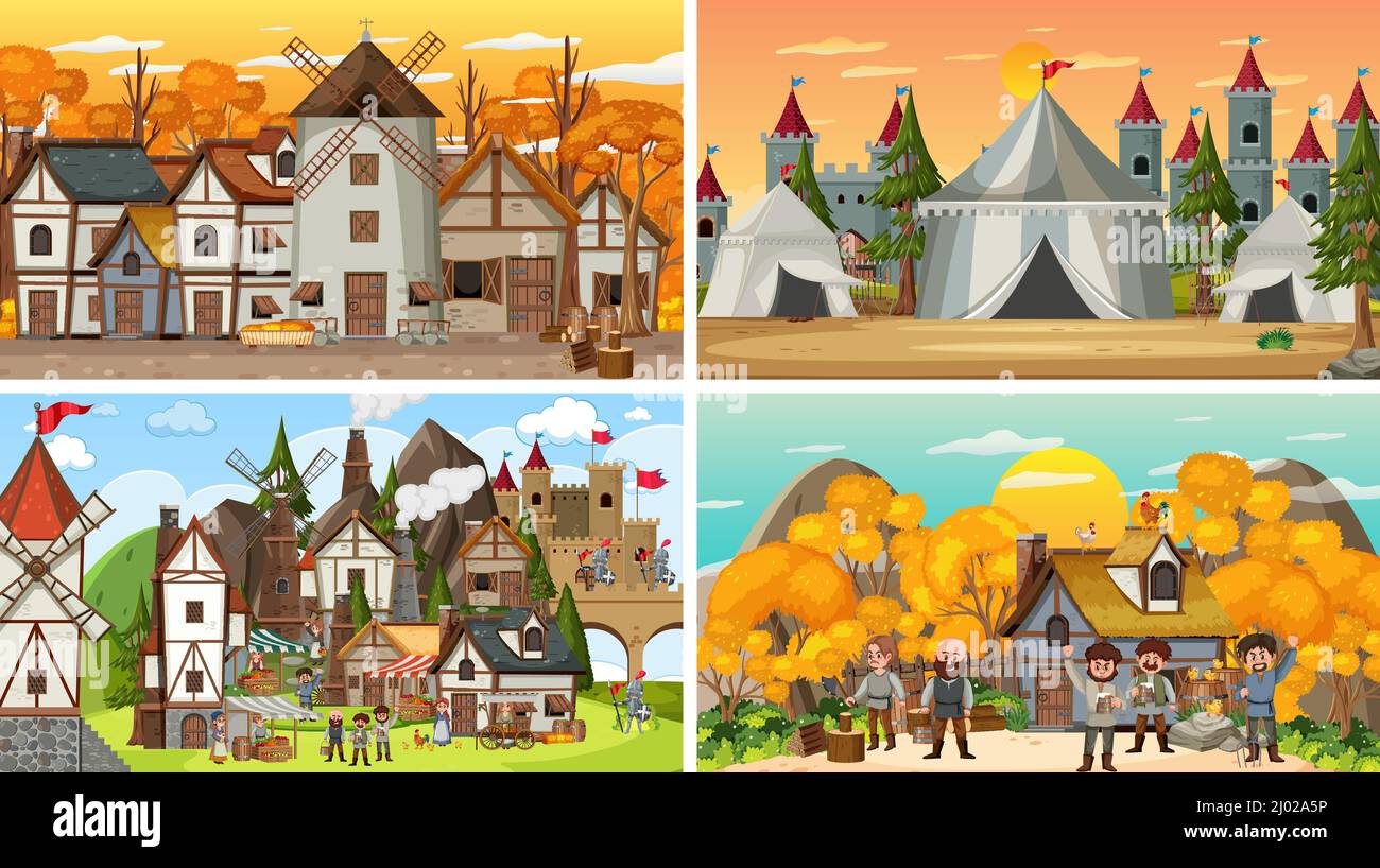 Set of different scene medieval illustration Stock Vector Image & Art ...