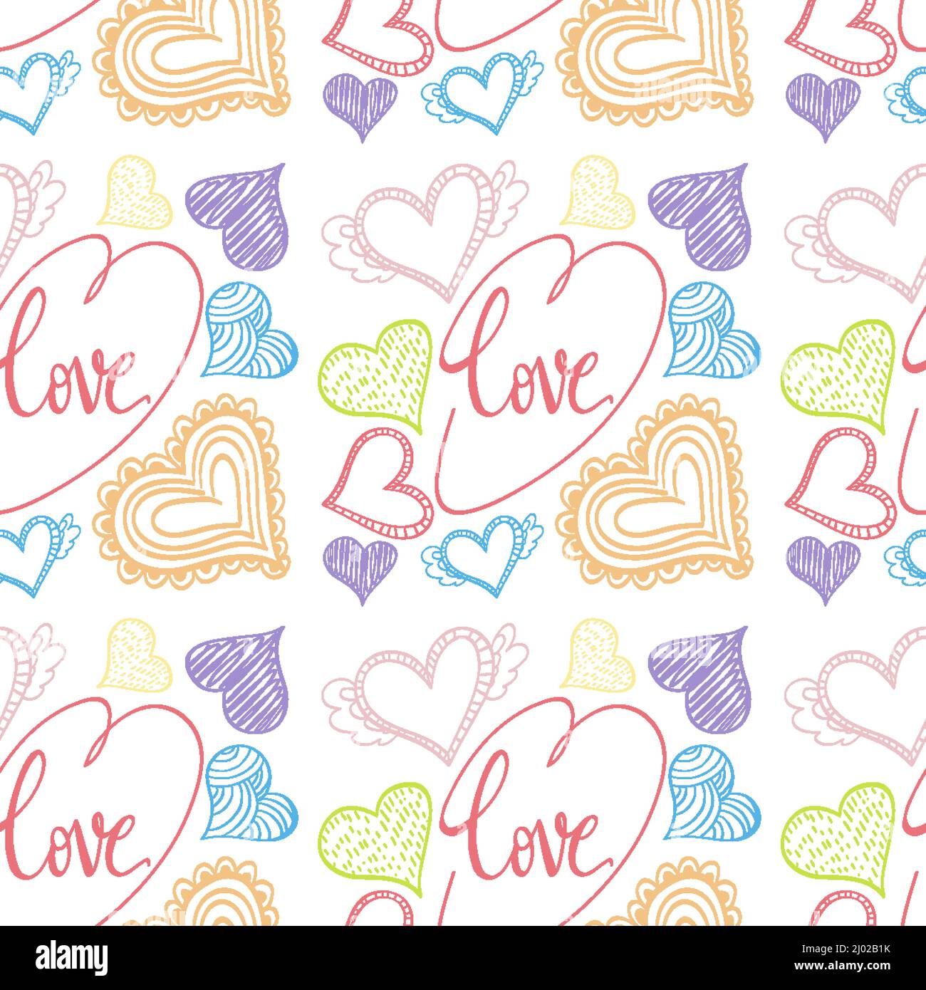 Seamless doodle heart and love word pattern illustration Stock Vector ...