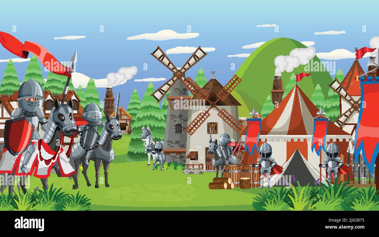 Medieval town scene with villagers illustration Stock Vector Image ...