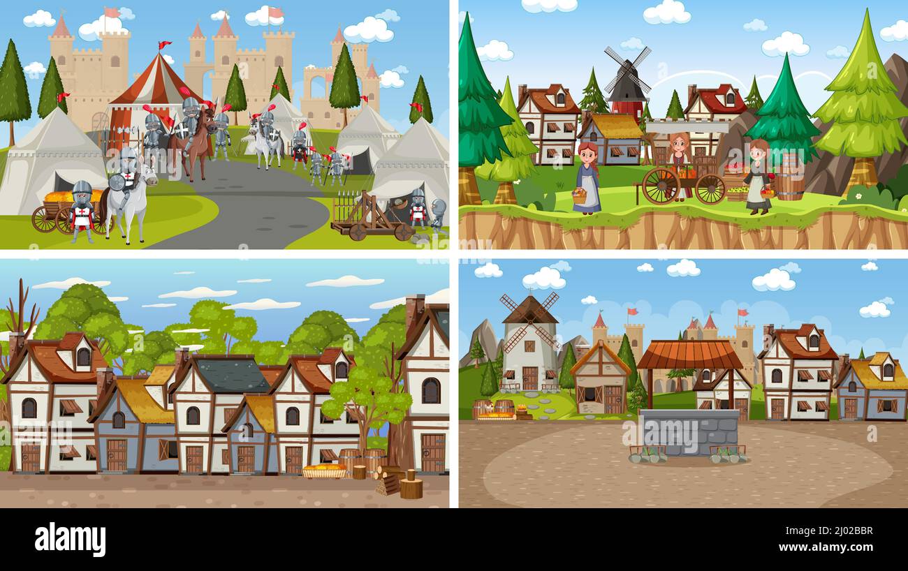 Set of different scene medieval illustration Stock Vector Image & Art ...