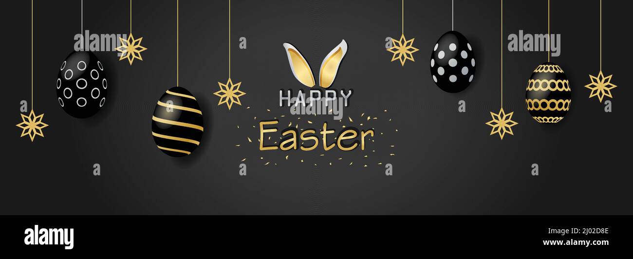 Happy Easter Spring theme poster banner with hanging Easter eggs and ...
