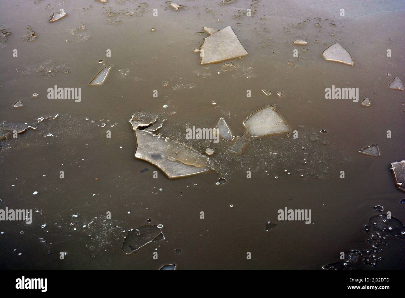 Broken transparent ice, small pieces of ice crust lie near a frozen ...