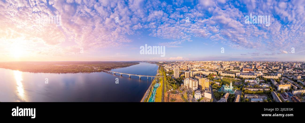 Aerial top view panorama city Perm and central embankment of Kama river ...