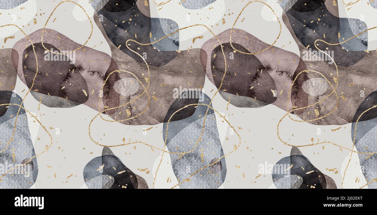 Seamless watercolor abstract organic blob shape overlay w gold lines ...