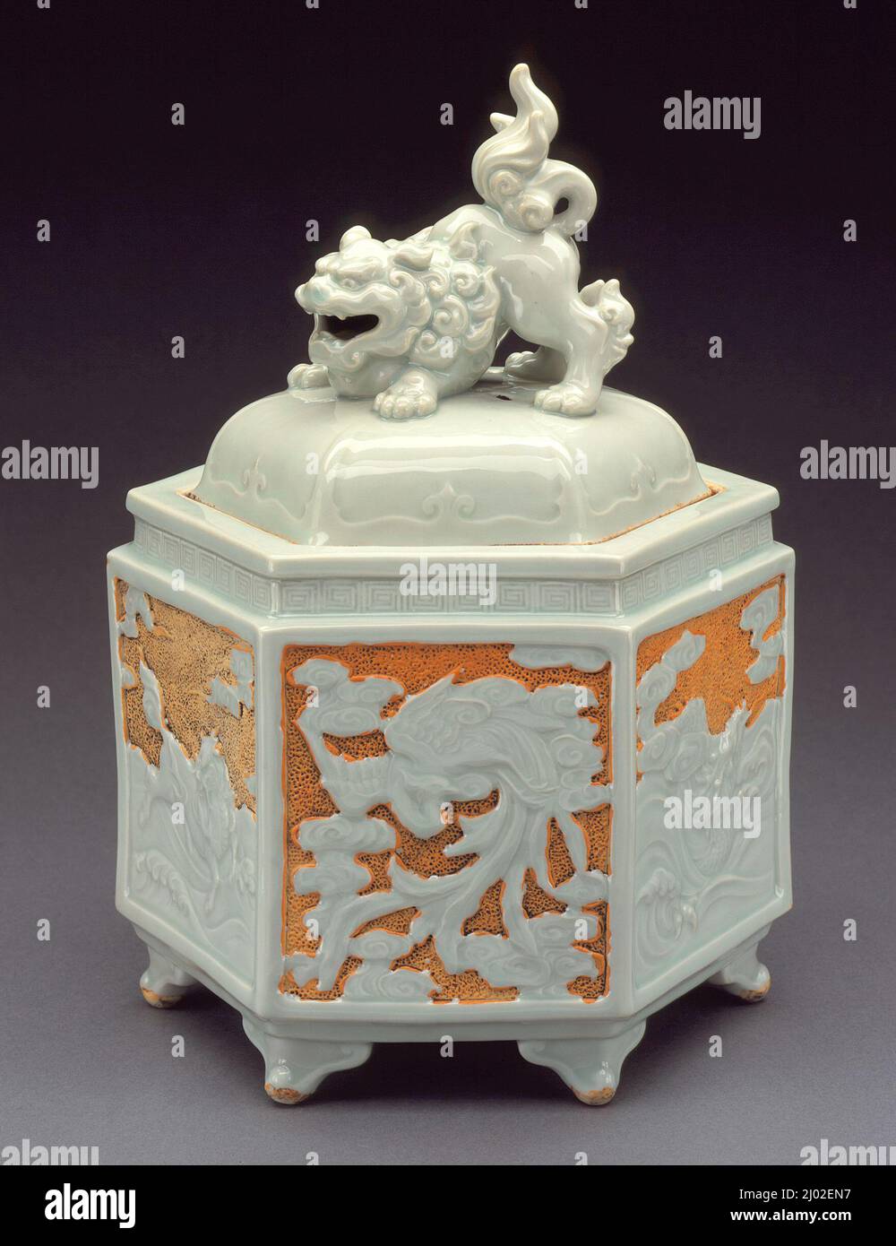 Hexagonal Censer with Kirin, Phoenixes, and Dragons; Chinese Lion Knop ...
