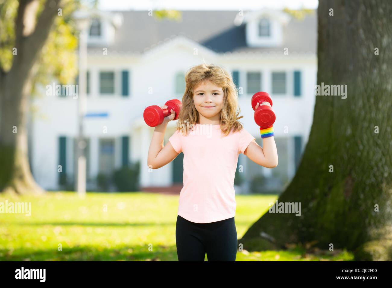 Kids morning sports exercises. Sporty portrait kids. Fitness child with ...