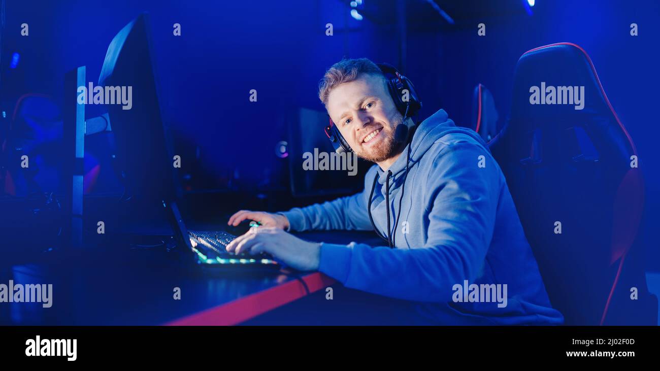 Portrait happy young man streamer professional gamer of online games ...