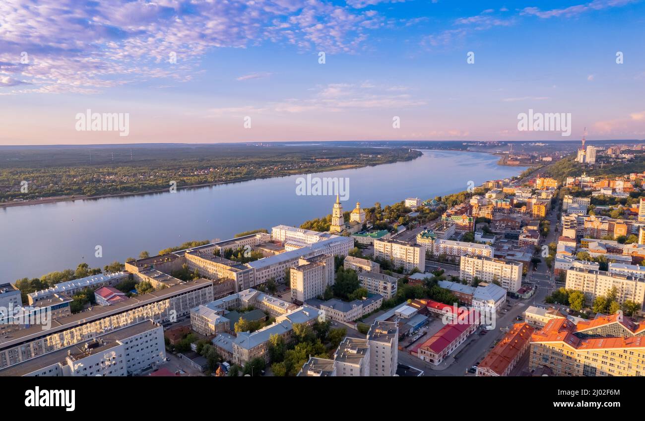 Aerial top view panorama city Perm and Kama river Russia, sunset drone ...