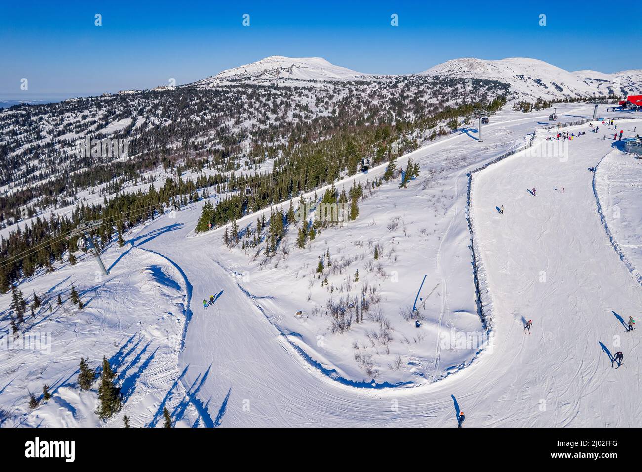Sheregesh ski lift resort winter, landscape mountain and hotels, aerial ...