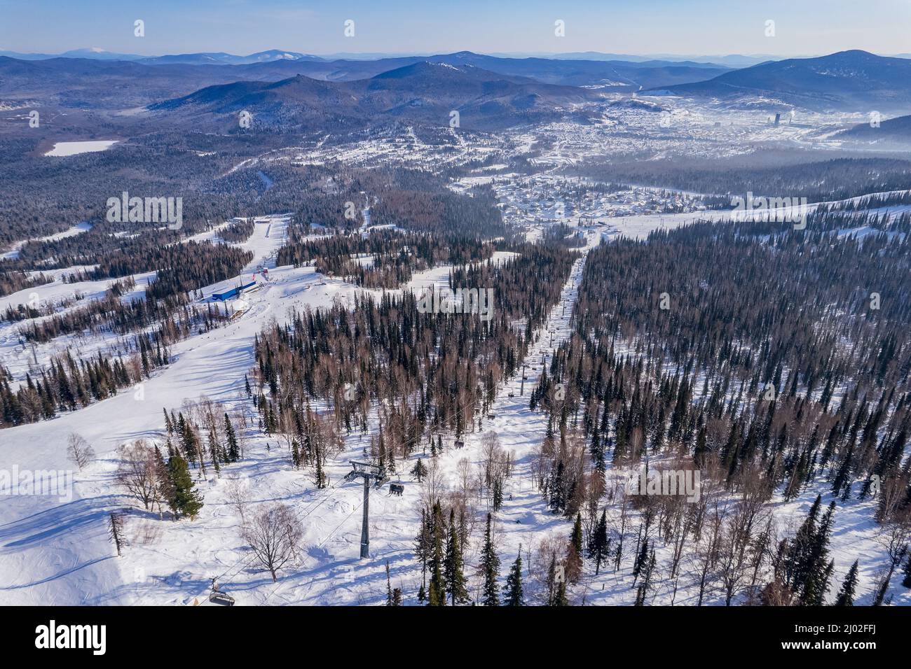 Aerial top view Sheregesh ski lift resort winter, landscape mountain ...