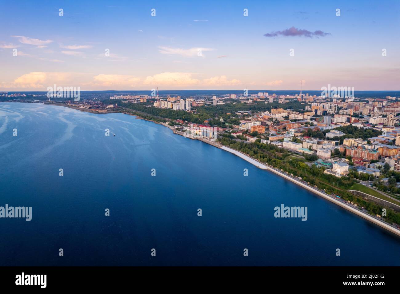Aerial top view panorama city Perm and Kama river Russia, sunset drone ...