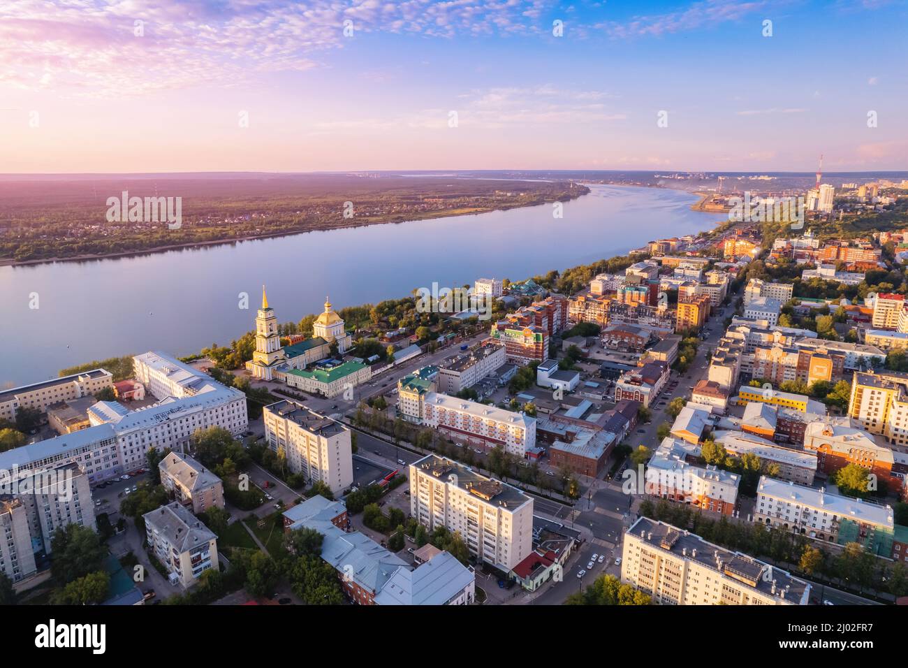 Aerial top view panorama city Perm and Kama river Russia, sunset drone ...