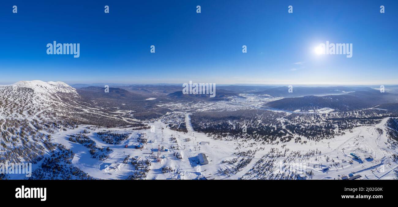Aerial top view Panorama Sheregesh ski lift resort winter, mountain and ...