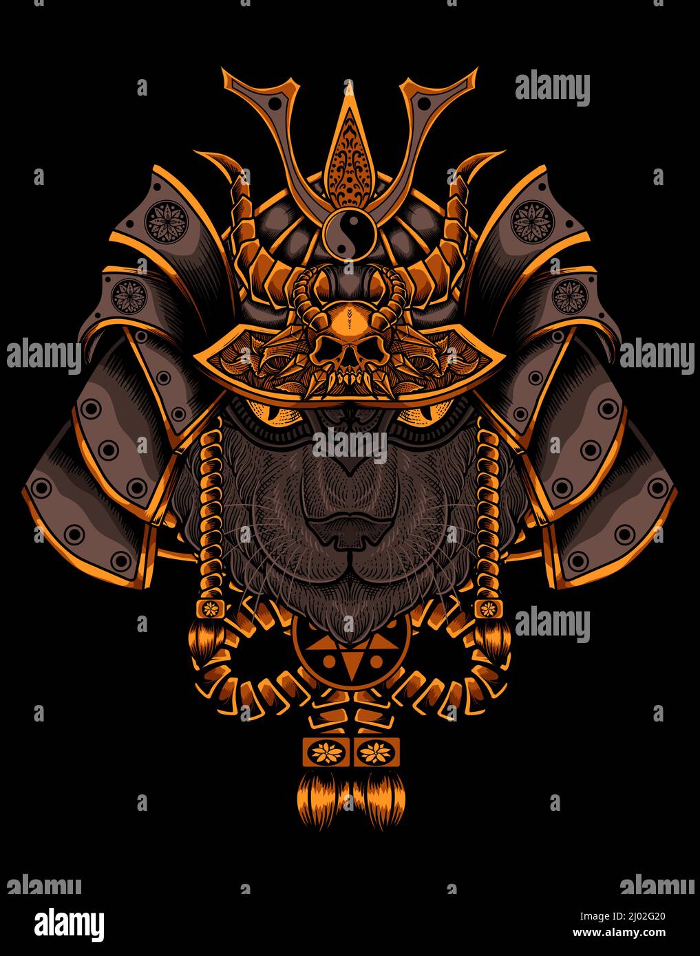 illustration cat head with samurai helmet on black background Stock ...