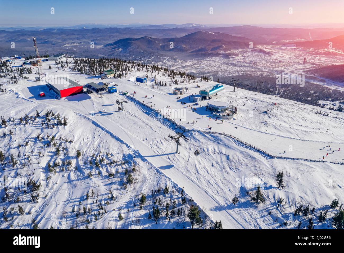 Sheregesh ski lift resort winter, landscape mountain and hotels, aerial ...