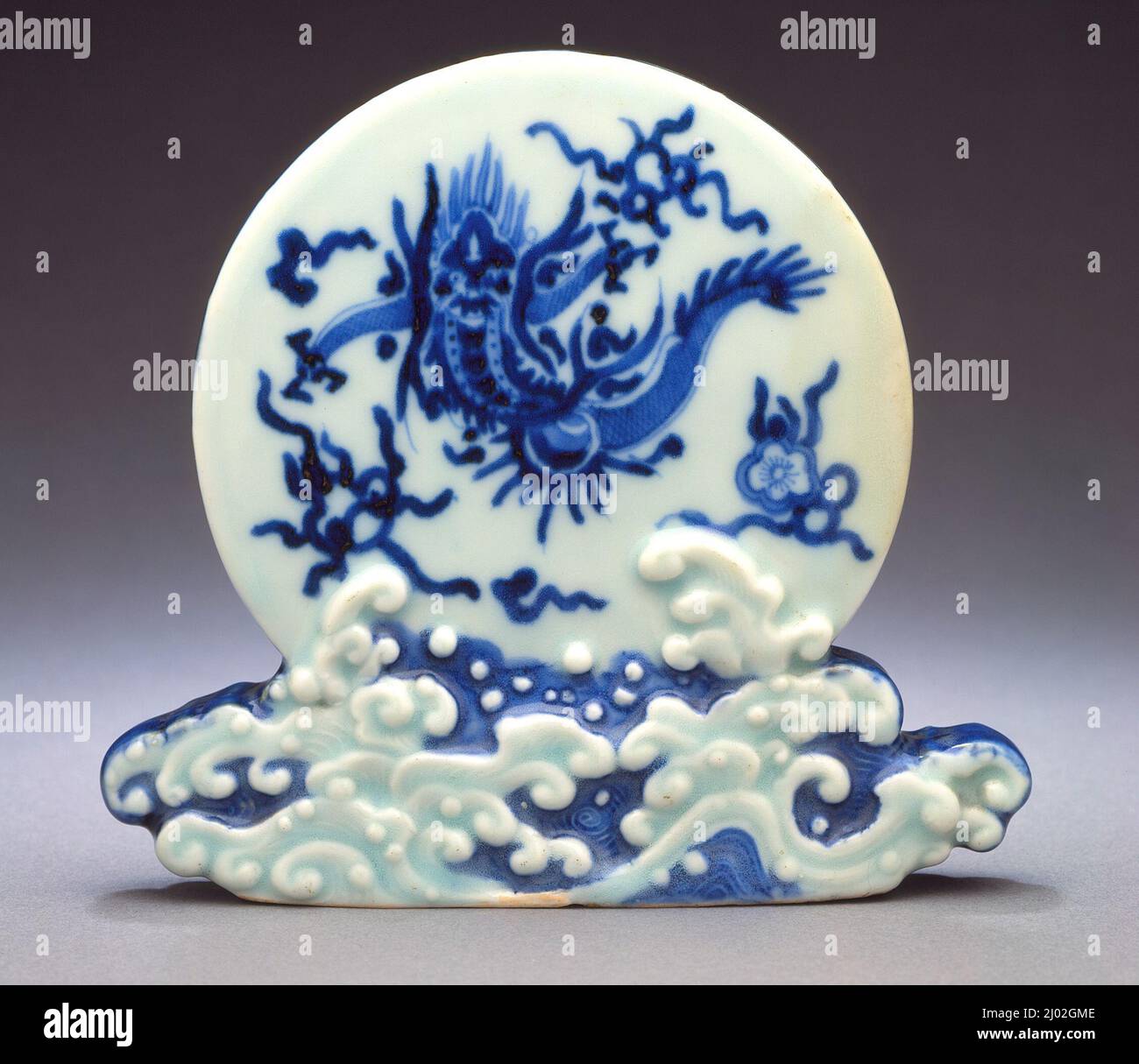 Desk Screen in the Form of Moon and Waves with Designs of a Dragon and ...