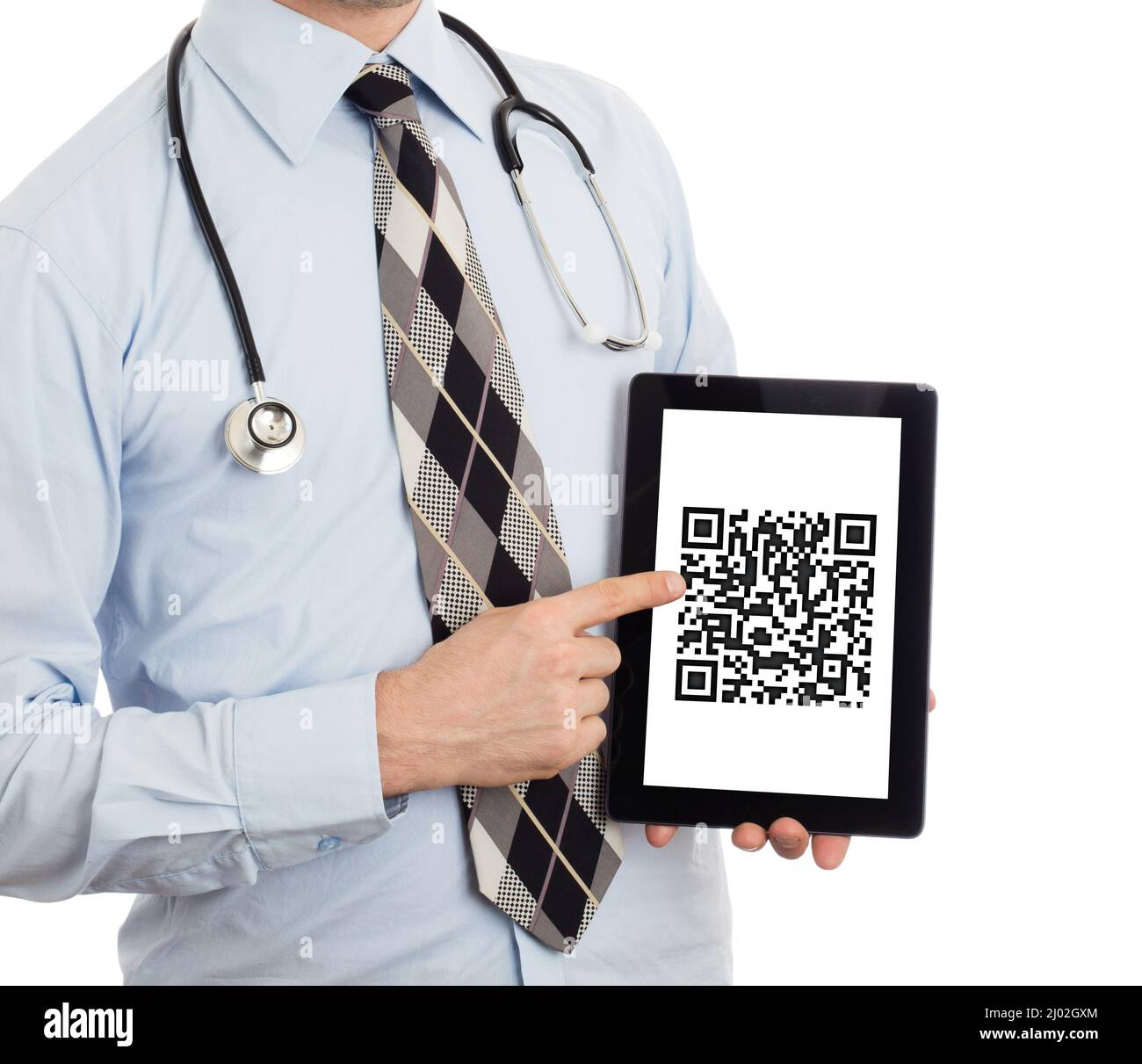 Doctor, isolated on white background, holding digital tablet - QR-code ...