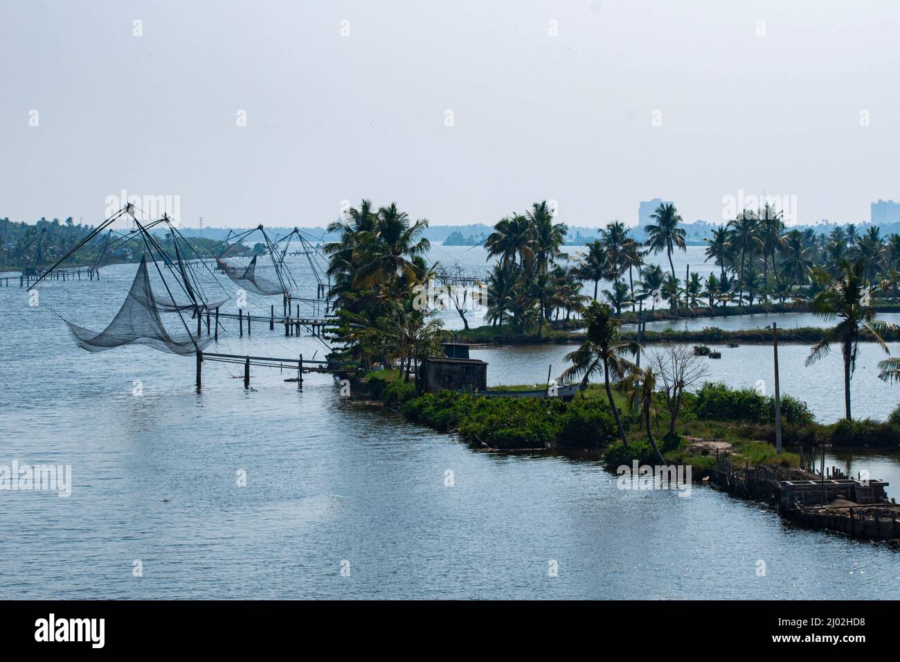 A panoramic view of Chinese Fishing Nets in backwaters in Kochi ...