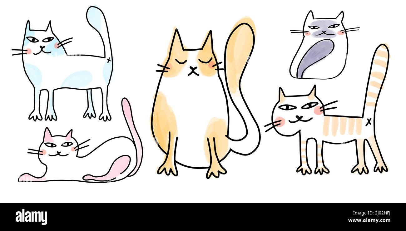 Vector Collection of funny doodle cats with watercolor spots on the ...