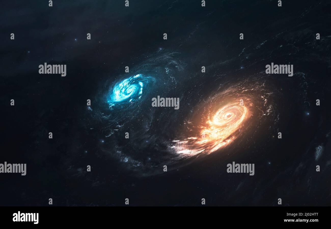 Double galaxy, cluster of stars in deep space. Science fiction art ...