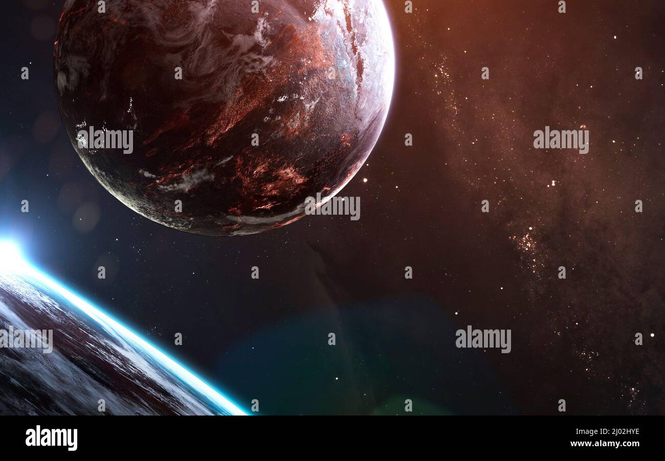 Two planets, cluster of stars in deep space. Science fiction art ...