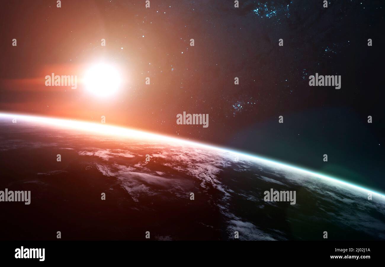 Sunrise over the Earth Planet. Science fiction art. Elements of this ...