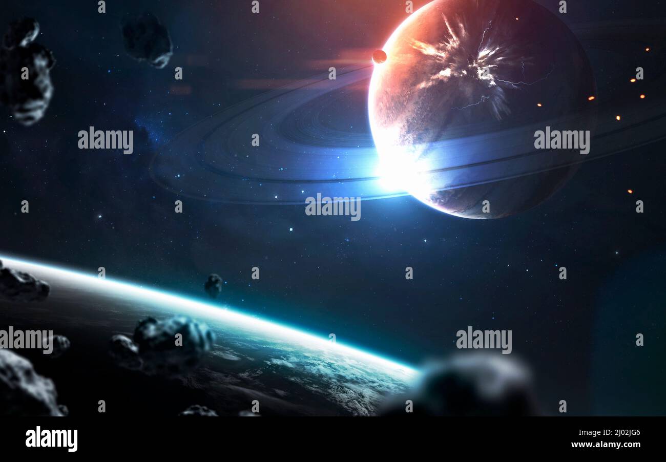 Science fiction visualisation of meteor crash at the planet. Elements ...