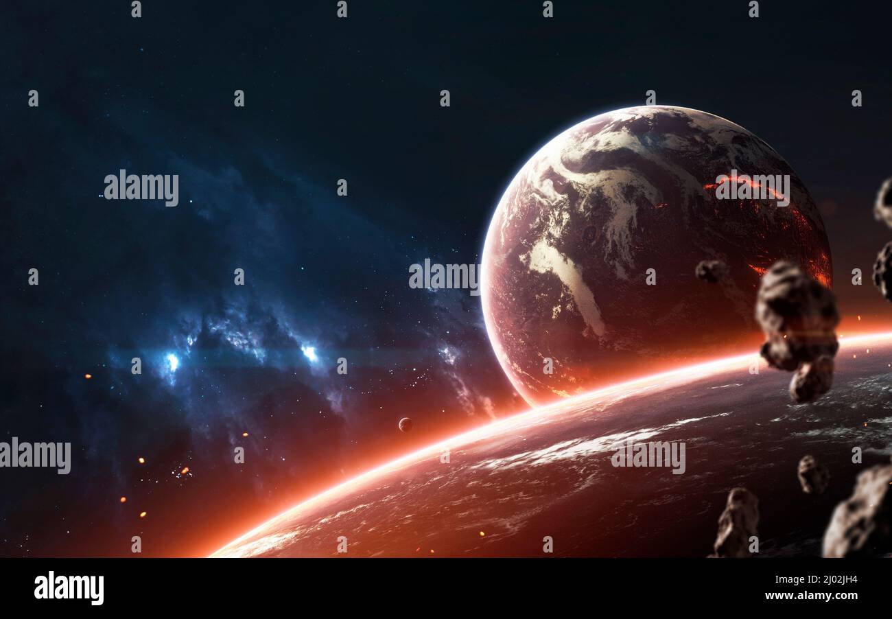 Hot flame planets in deep space far away from Earth. Elements of this ...