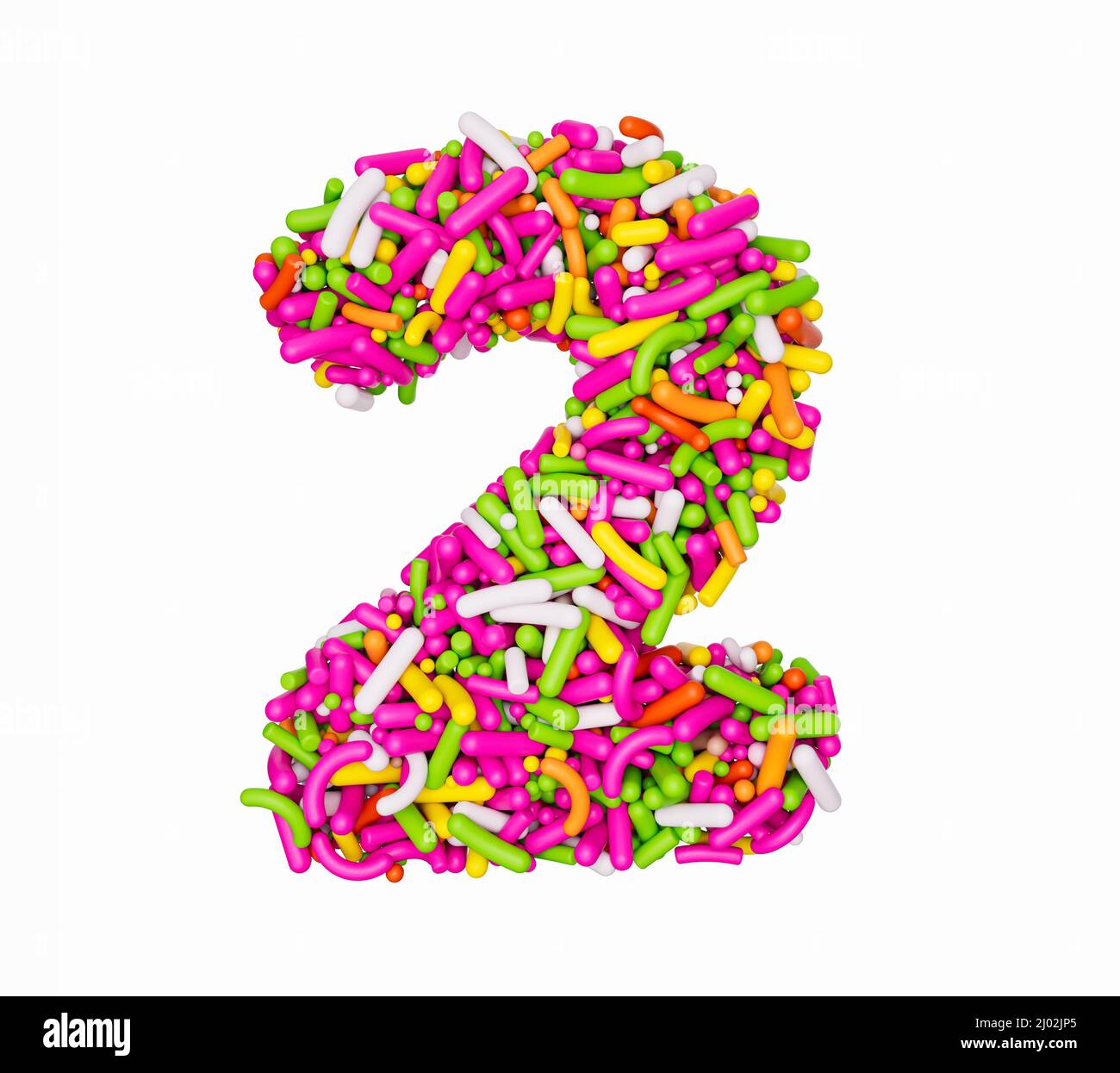 3D illustrated Digit 2 made of colorful sprinkles isolated on a white ...