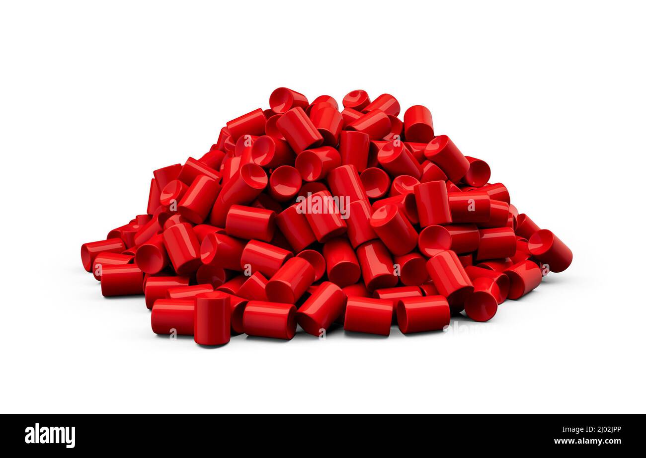 3D illustration of red plastic pellets granules beads isolated on a ...