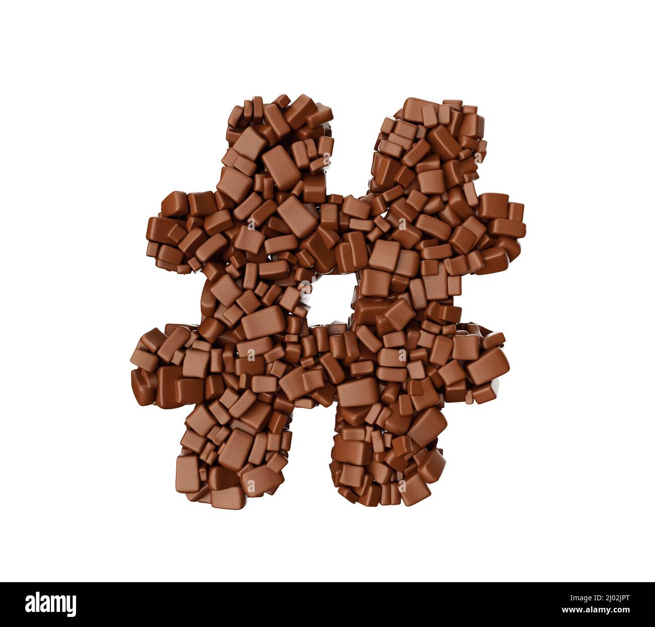3D illustrated hashtag symbol made of chocolate chunks on a white ...