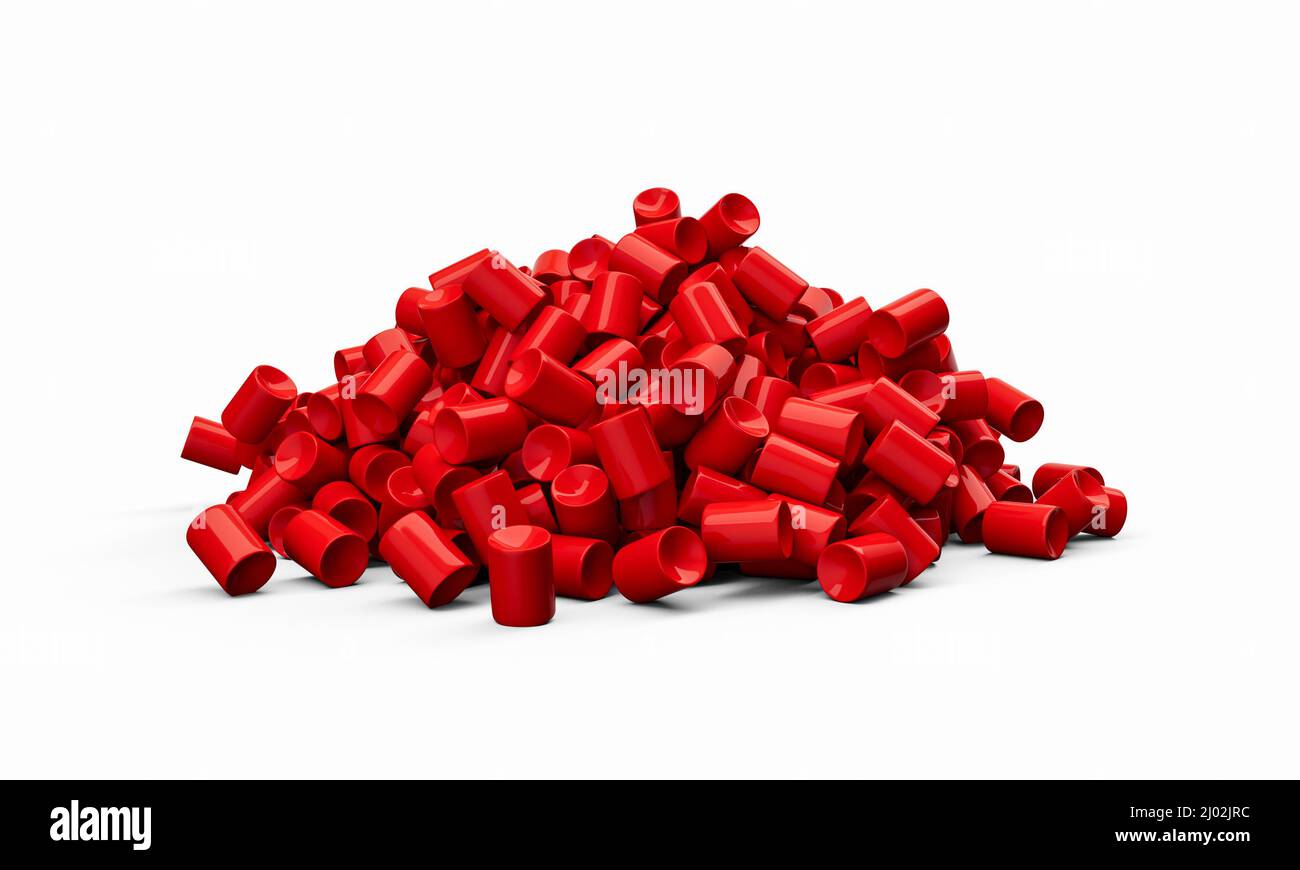 3D illustration of red plastic pellets granules beads isolated on a ...