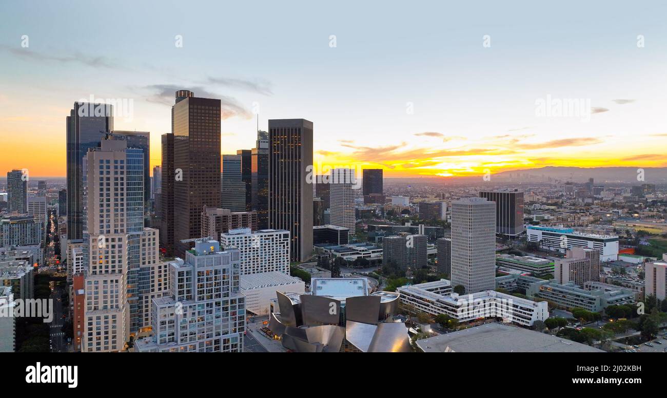 Los angeles panoramic city. Los Angeles downtown skyline. Sunset over ...
