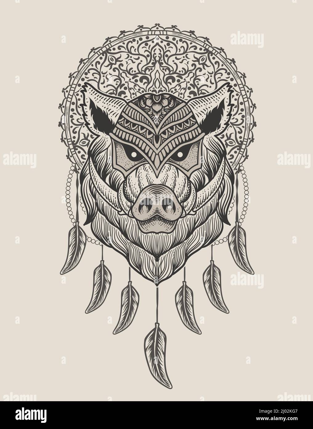 illustration wild boar head with engraving mandala style Stock Vector ...