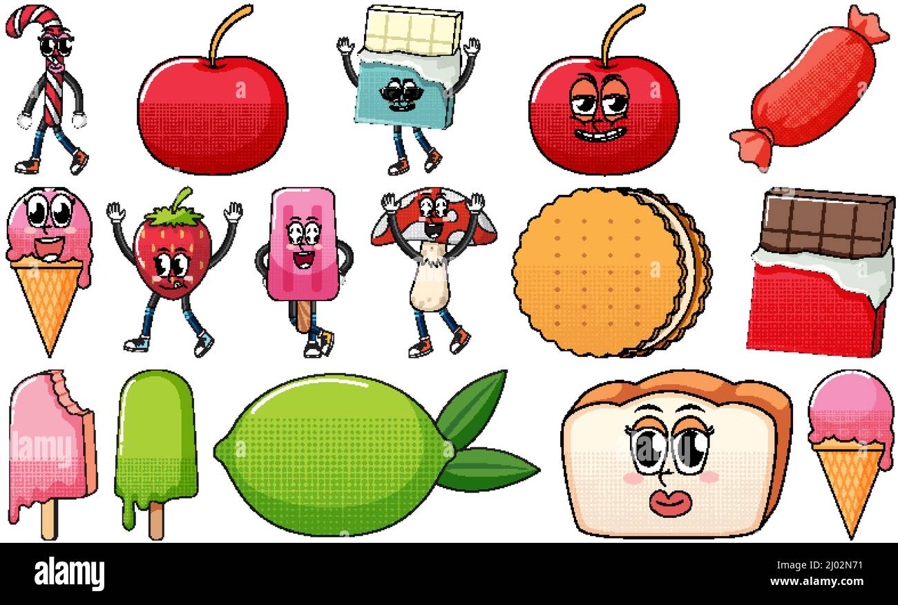 Set of facial expression with vintage style food cartoon on white ...