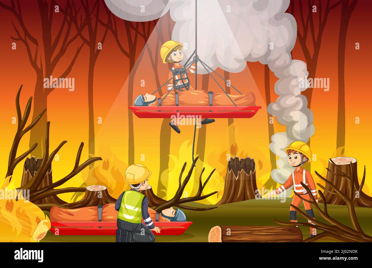 Wildfire scene with firerman rescue in cartoon style illustration Stock ...