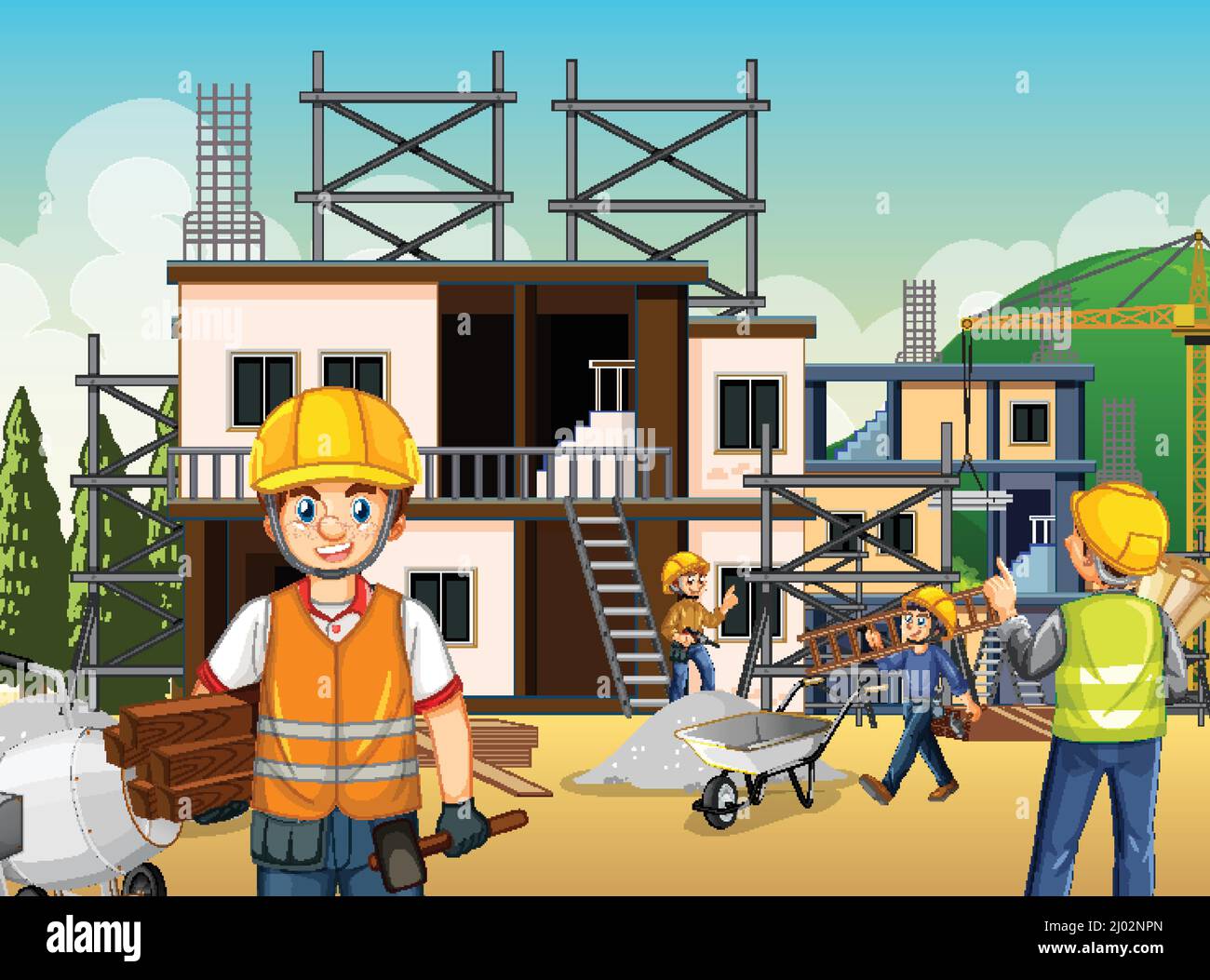 Building construction site with workers illustration Stock Vector Image ...