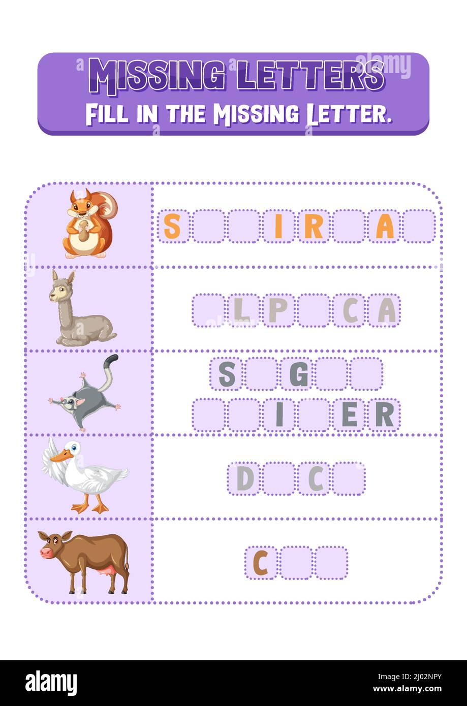 Fill the missing letter of each word worksheet for children ...